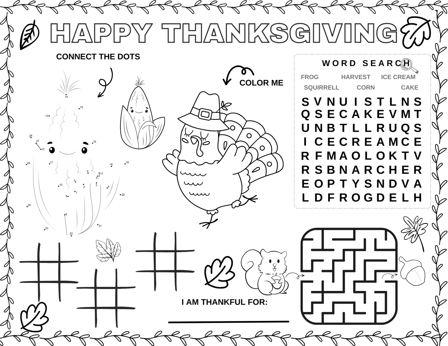 Kids Thanksgiving Activity Placemats - Fun Coloring Sheets