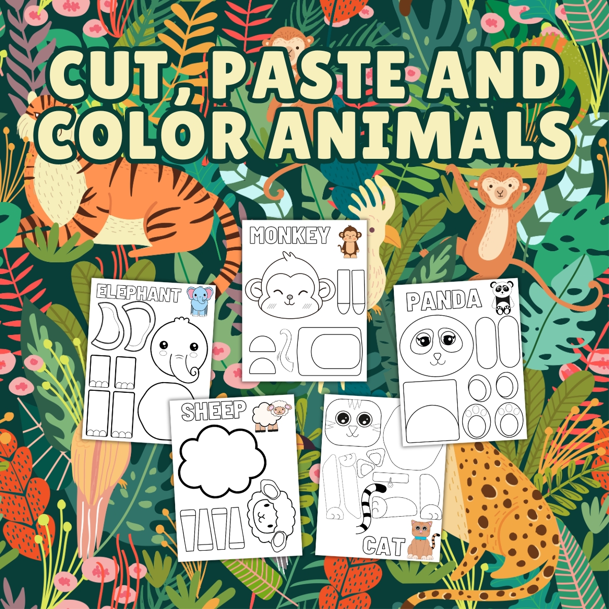 Cut, Paste and Color Animals - Fun Coloring Sheets