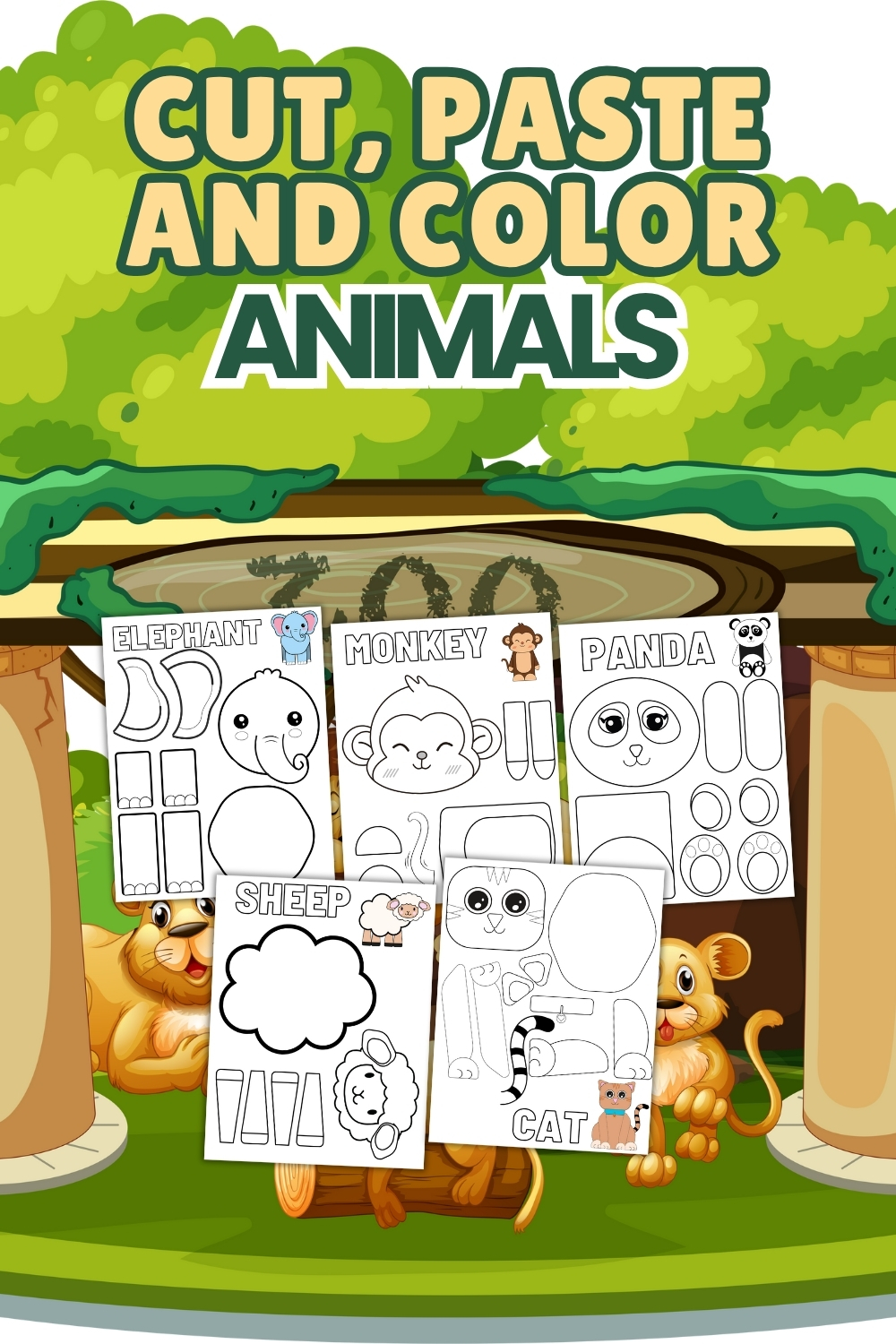 Cut, Paste and Color Animals - Fun Coloring Sheets