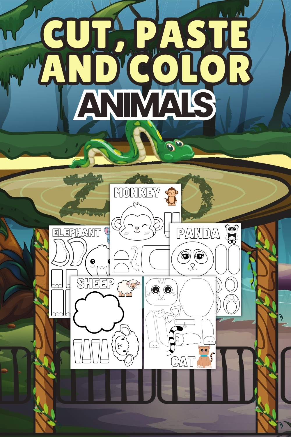 Cut, Paste and Color Animals - Fun Coloring Sheets